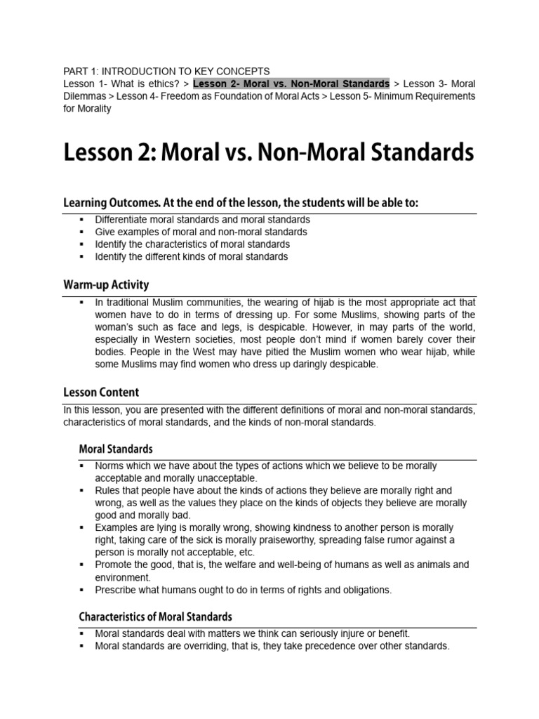 Lesson 2 Moral vs Non Moral Standards (1) | PDF | Morality | Social ...