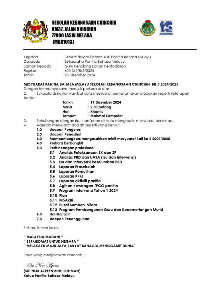 Surat Jemputan Mesyuarat BM Kali 3 2024 | PDF