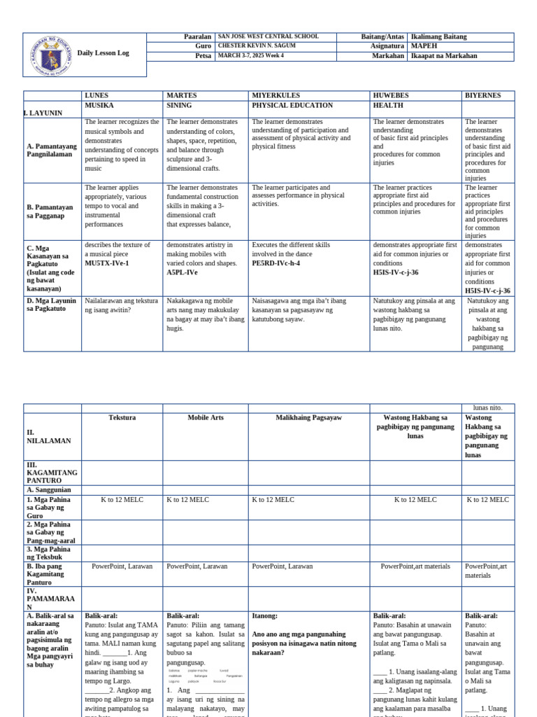 DLL Week 4-Q4 Mapeh 5 | PDF