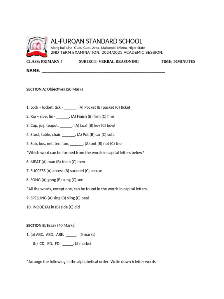 Primary 4 Verbal Reasoning Exam 2024/25 | PDF