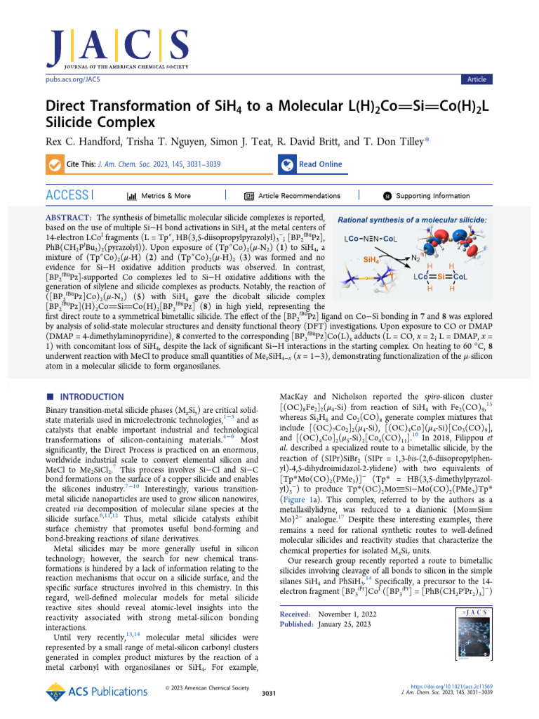Direct Transformation of SiH4 To A Molecular L (H) 2co Si Co (H) 2L ...