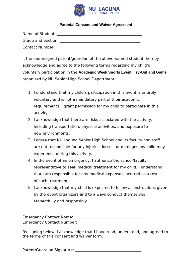 Parental Consent for Sports Event | PDF