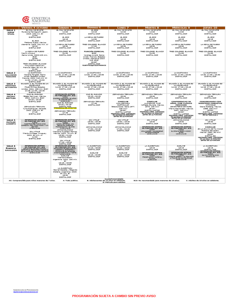 CONFIRMACIÓN CNMX cartelera Cineteca México del 4 al 10 de octubre del 2024 | PDF