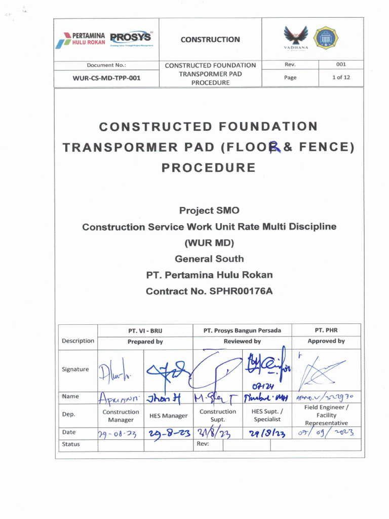 SOP Construction Foundation Transpormer Pad (Floor & Fence) Procedure | PDF