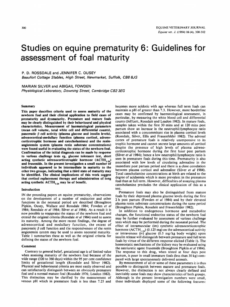 Studies On Equine Prematurity 6 Guidelines For Assessment of Foal ...