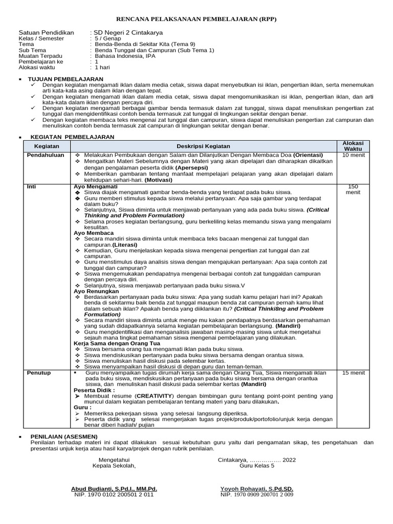 RPP 1 Lembar Kelas 5 Tema 9 | PDF