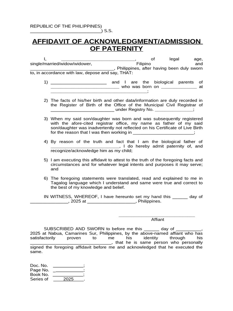 Affidavit of Acknowledgment/Admission of Paternity (Sample Form) | PDF ...