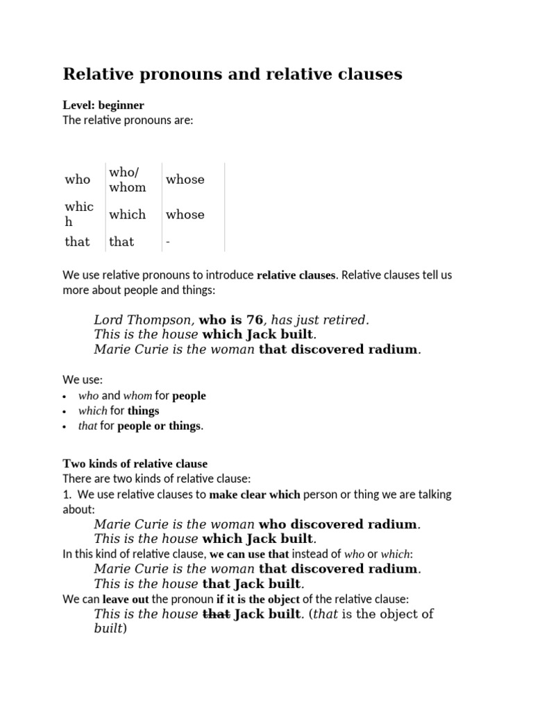 Relative Pronouns and Relative Clauses | PDF | Syntactic Relationships | Language Mechanics