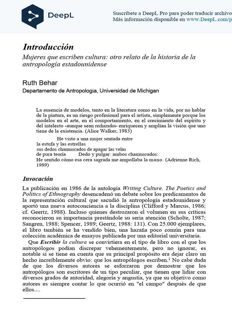 Behar, Ruth. Women Writing Culture Another Telling of The Story of ...