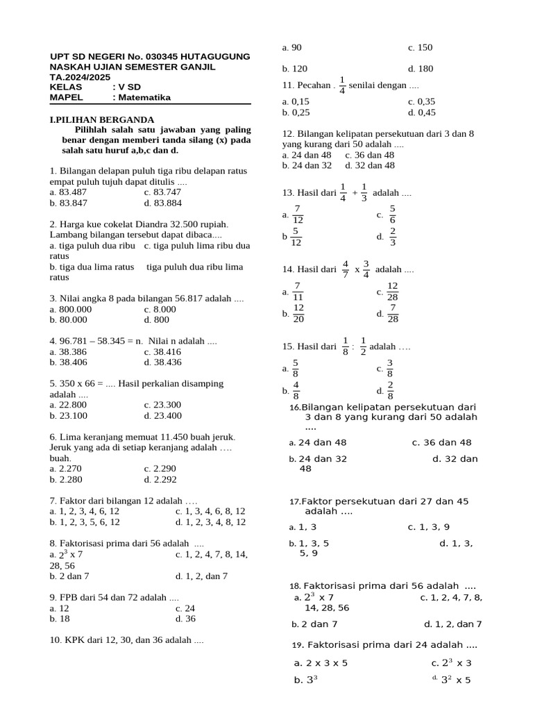 Soal PTS STS Matematika Kelas 5 Semester 1 Kurikulum Merdeka T a 2023 2024 EDIT | PDF