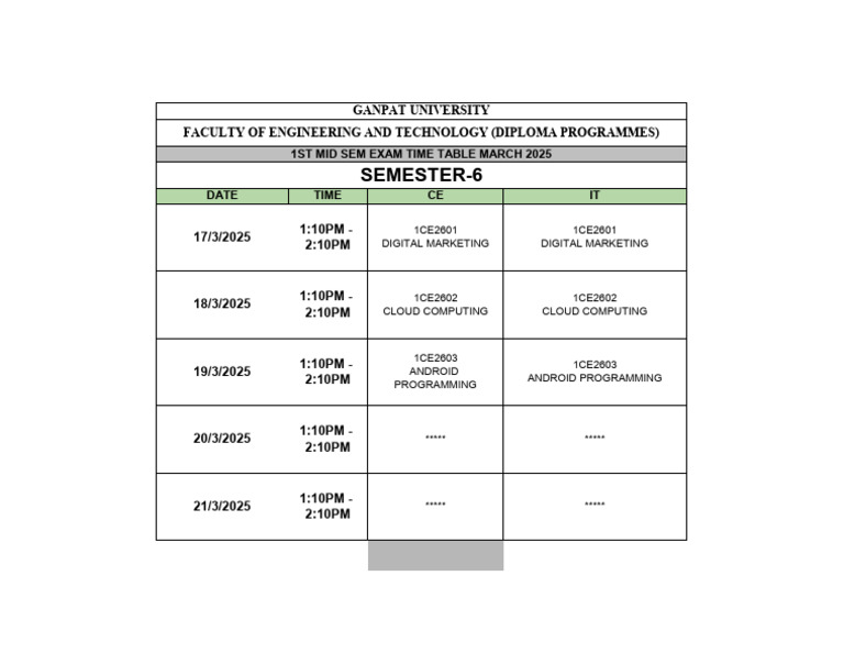 March 2025 Mid-Sem Exam Schedule | PDF