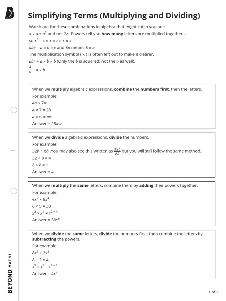 Simplifying Terms Multiplying and DividingPrint | PDF