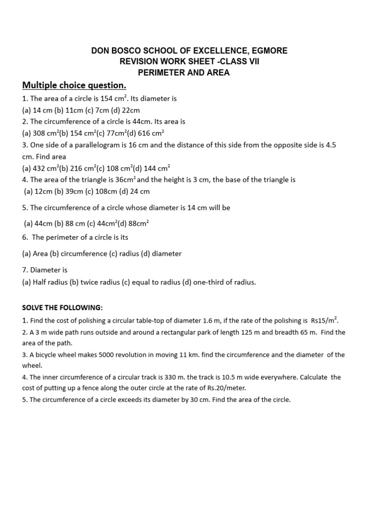 Class 7 Revision Worksheet - Perimeter and Area | PDF