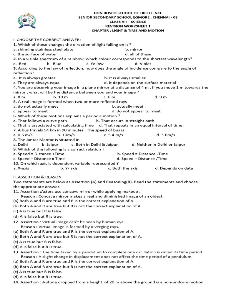Revision Worksheet 1 Light & Time and Motion | PDF | Mirror | Speed