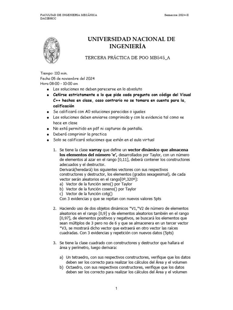 Práctica de POO en C++ 2024-II | PDF | Matriz (Matemáticas) | Álgebra