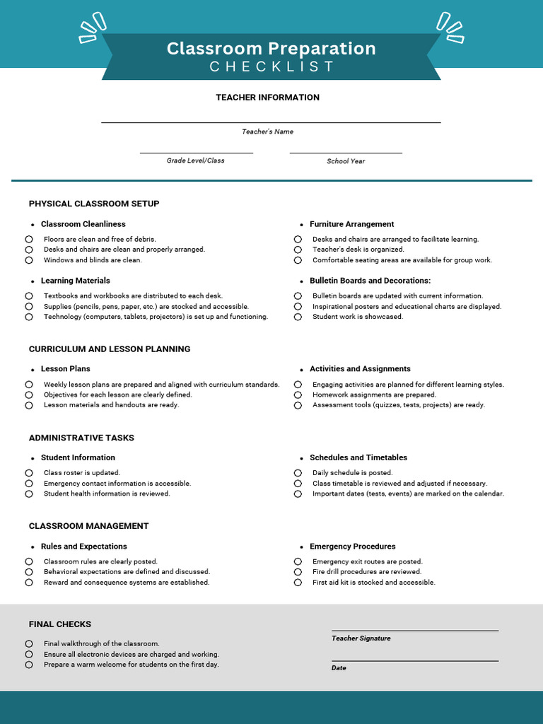 White and Blue Simple Lined Classroom Checklist | PDF | Classroom | Teachers