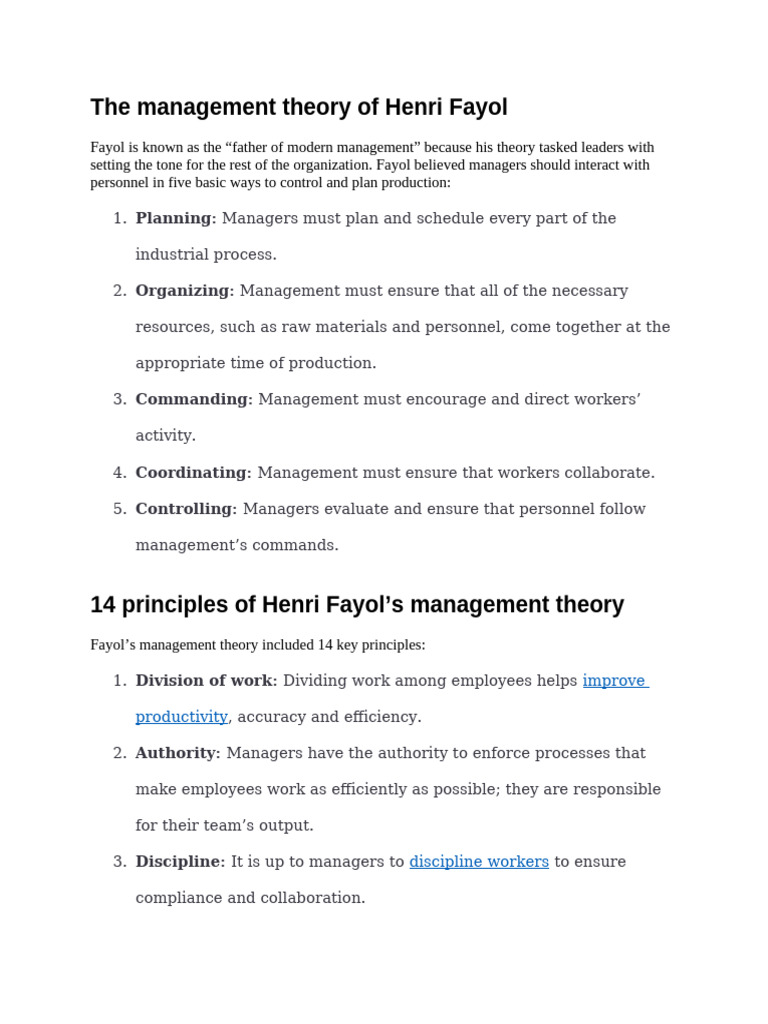 Henri Fayol's 14 Principles of Management | PDF | Organizational ...