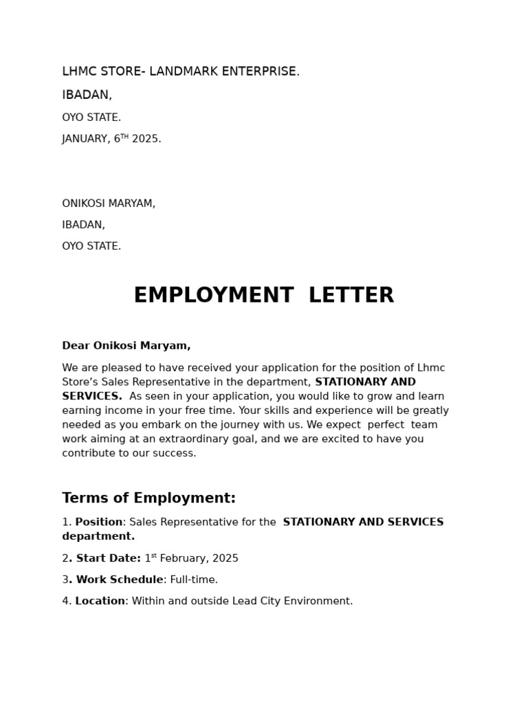 Onikosi Maryam Employment Letter | PDF