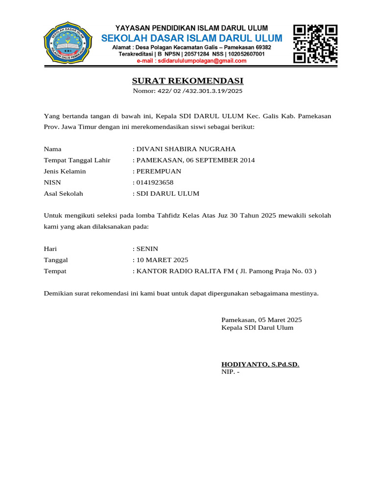 SURAT REKOMENDASI Siswa Lomba | PDF