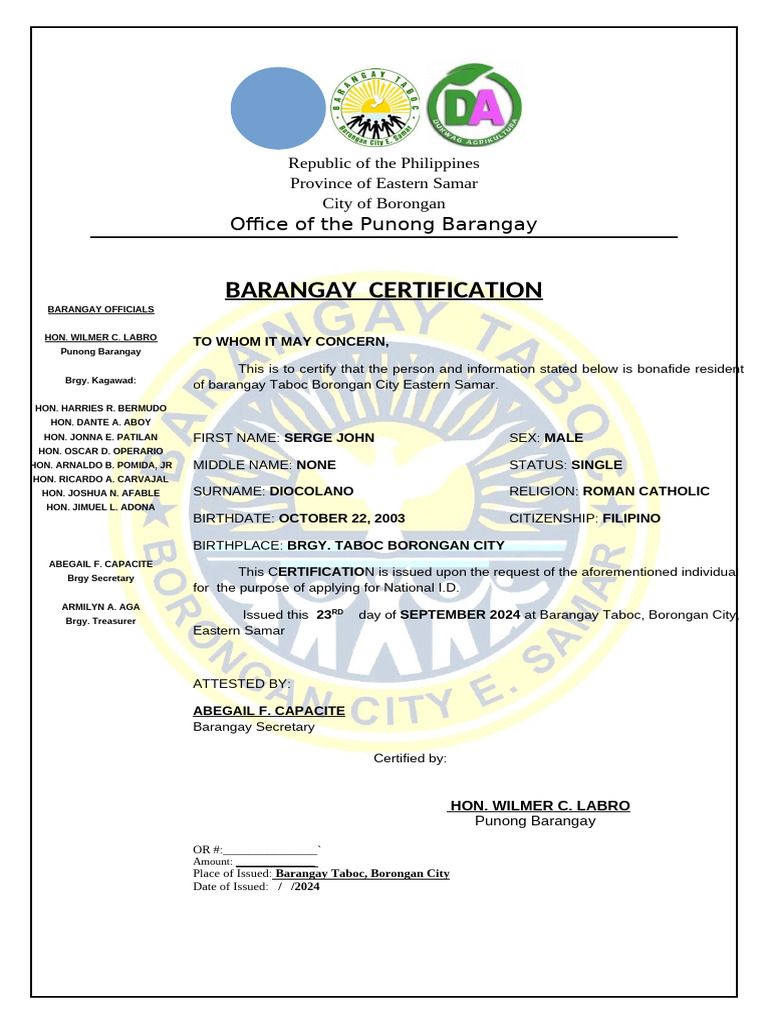 BRGY. CERTIFICATION FOR NAT. ID 2024 NEW | PDF