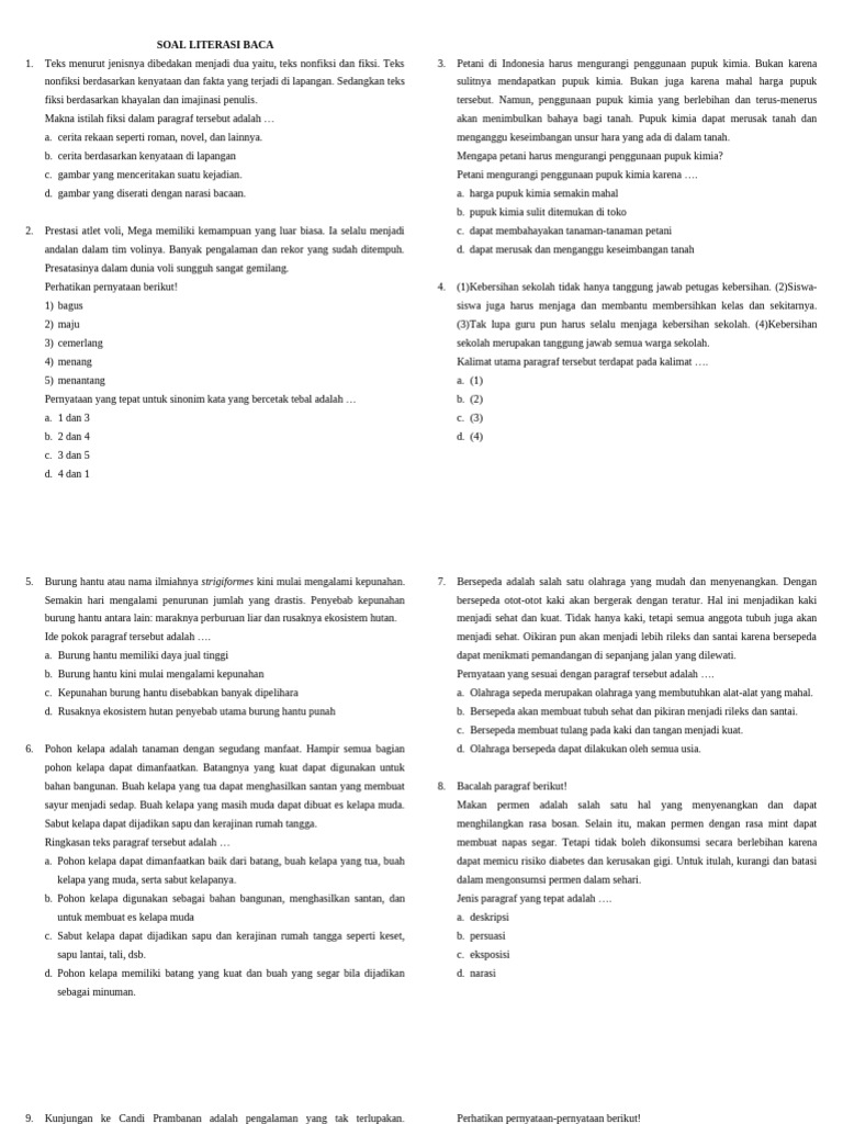 SOAL TO PAKET 1 LITERASI BACA PANDAK 2025 | PDF