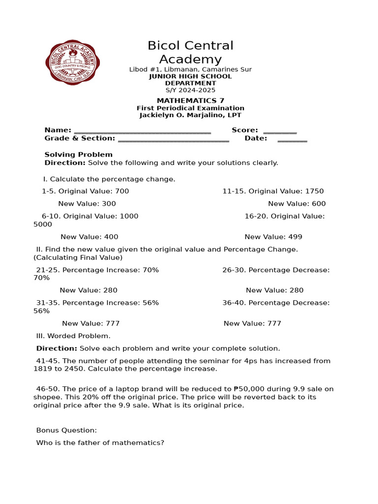 G7 MATH 1st Periodical EXAM | PDF