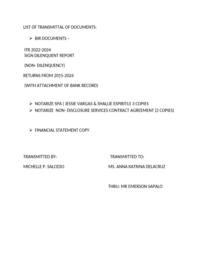 List of Transmittal of Documents | PDF