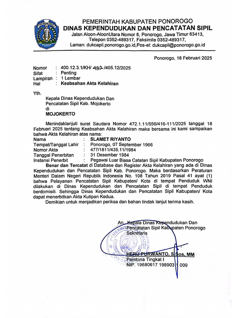 Balasan Kab Ponorogo Slamet Riyanto | PDF