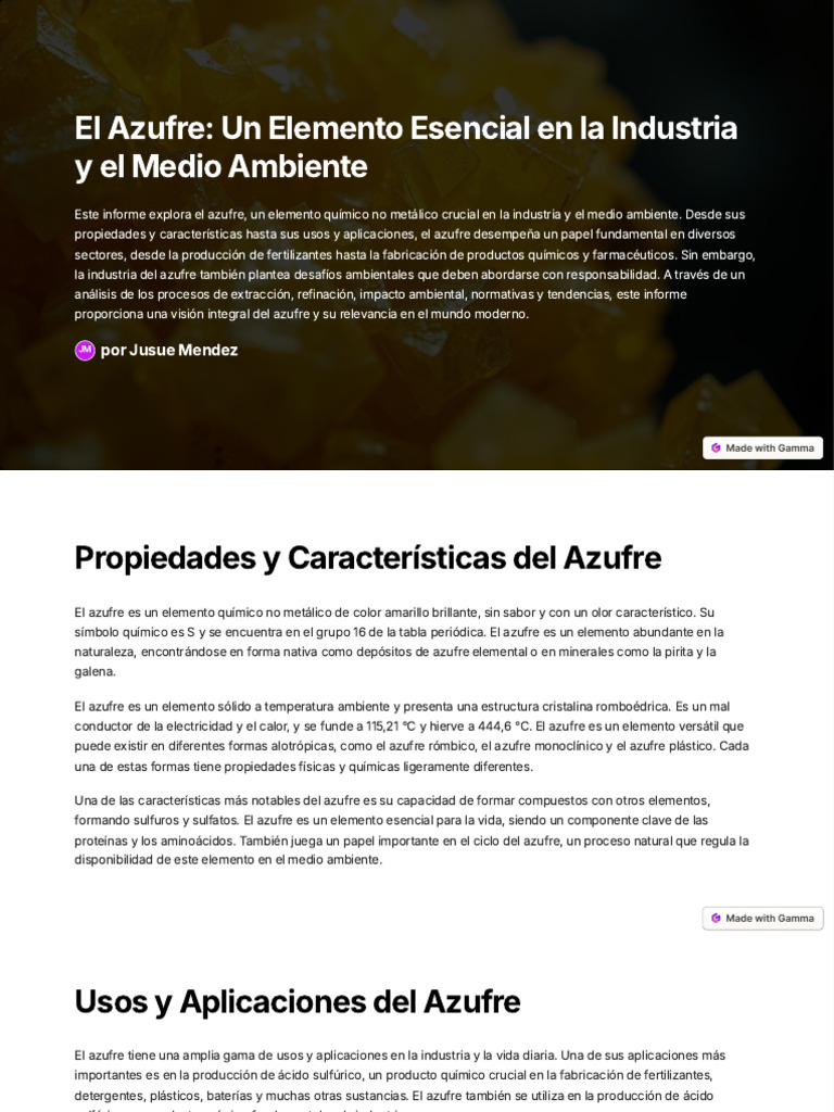 El Azufre Un Elemento Esencial en La Industria y El Medio Ambiente ...