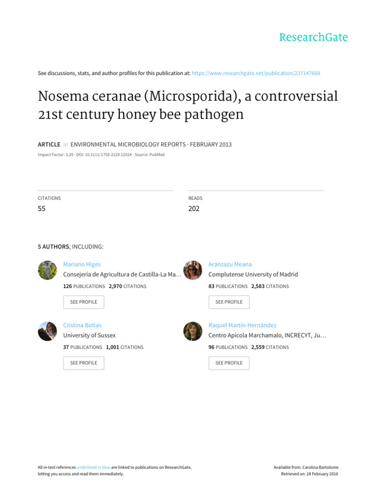 Higes, M. Et Al. 2013-Nosema-ceranae-Microsporidia-a-controversial-21st-century-honey-bee ...