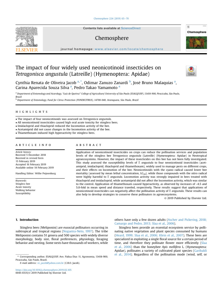 Jacob, C. R. O. 2019 - Neonicotinoid Insecticides On T. Angustula | PDF ...
