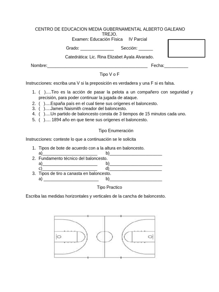 Examen de Baloncesto Decimo IV | PDF