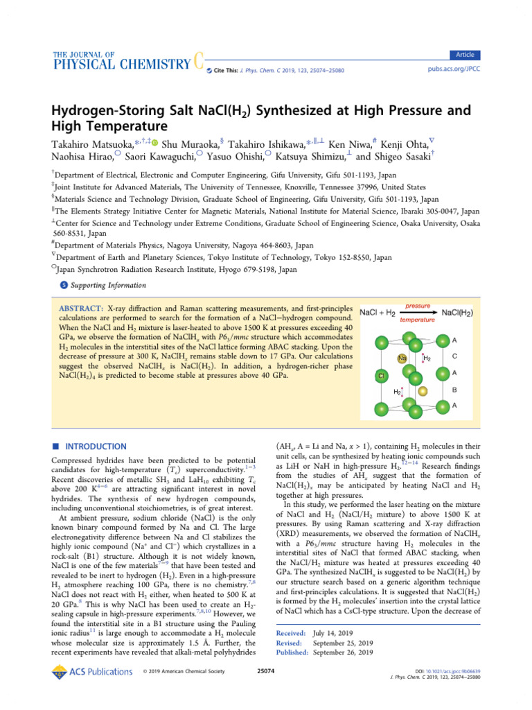 Hydrogen-Storing Salt NaCl (H2) Synthesized at High Pressure and High ...