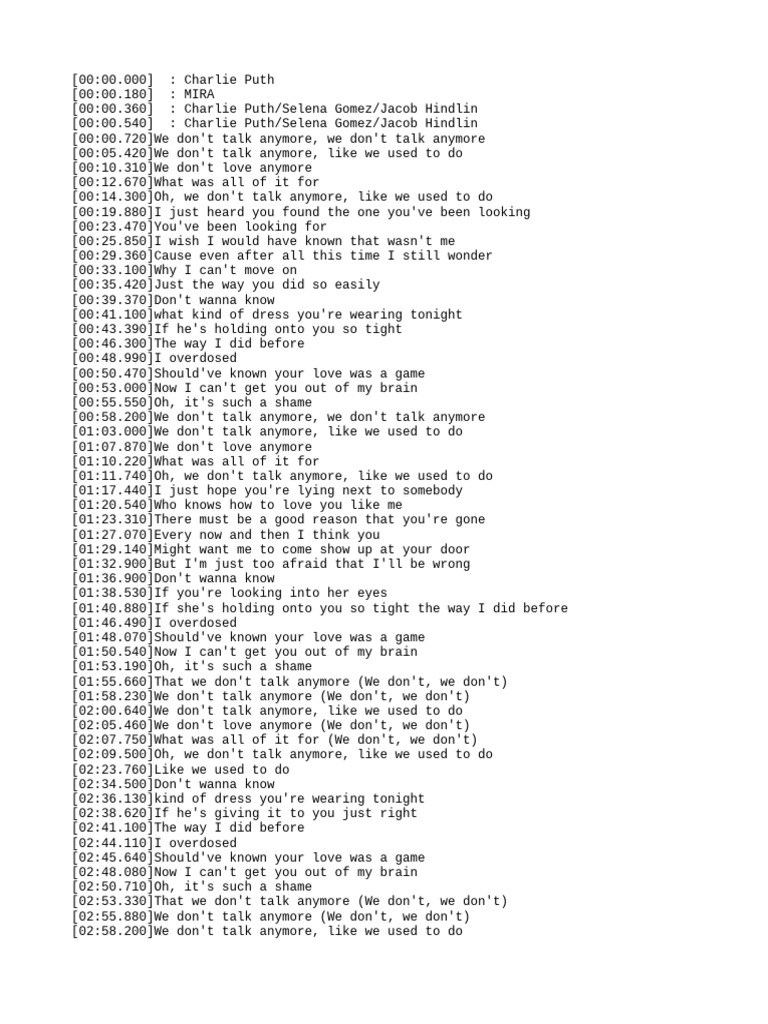 Charlie Puth - We Don't Talk Anymore - LRC | PDF | American Pop Songs | Songs Written