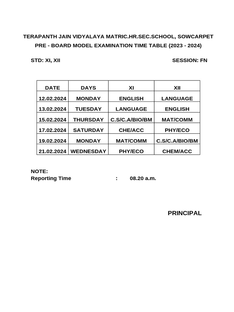 120920240208012046 Preboard Model Examination Time Table 2 | PDF