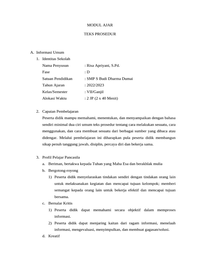 Modul Ajar Teks Prosedur Fix - (Tanoto) | PDF