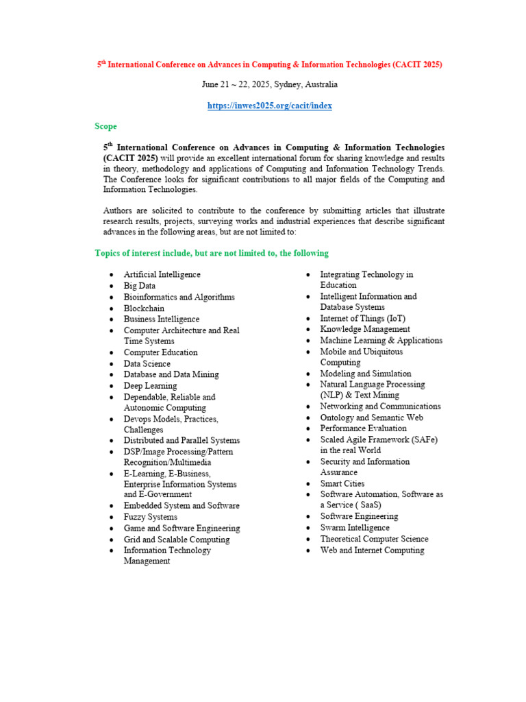 CACIT 2025 - Call For Papers | PDF | Information | Computing