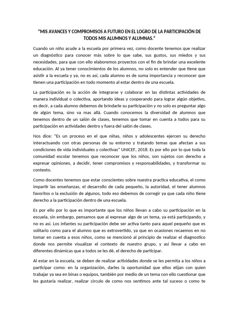 Mis Avances y Compromisos A Futuro en El Logro de La Participación de Todos Mis Alumnos y ...