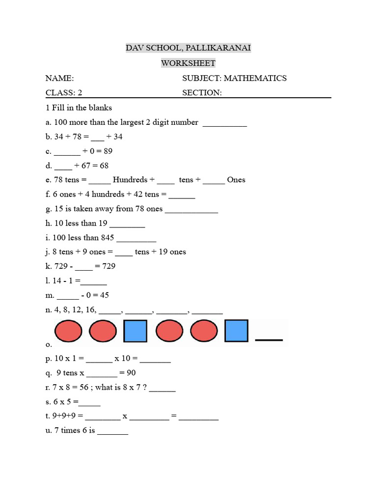 Class 2 Maths Worksheet - DAV School | PDF