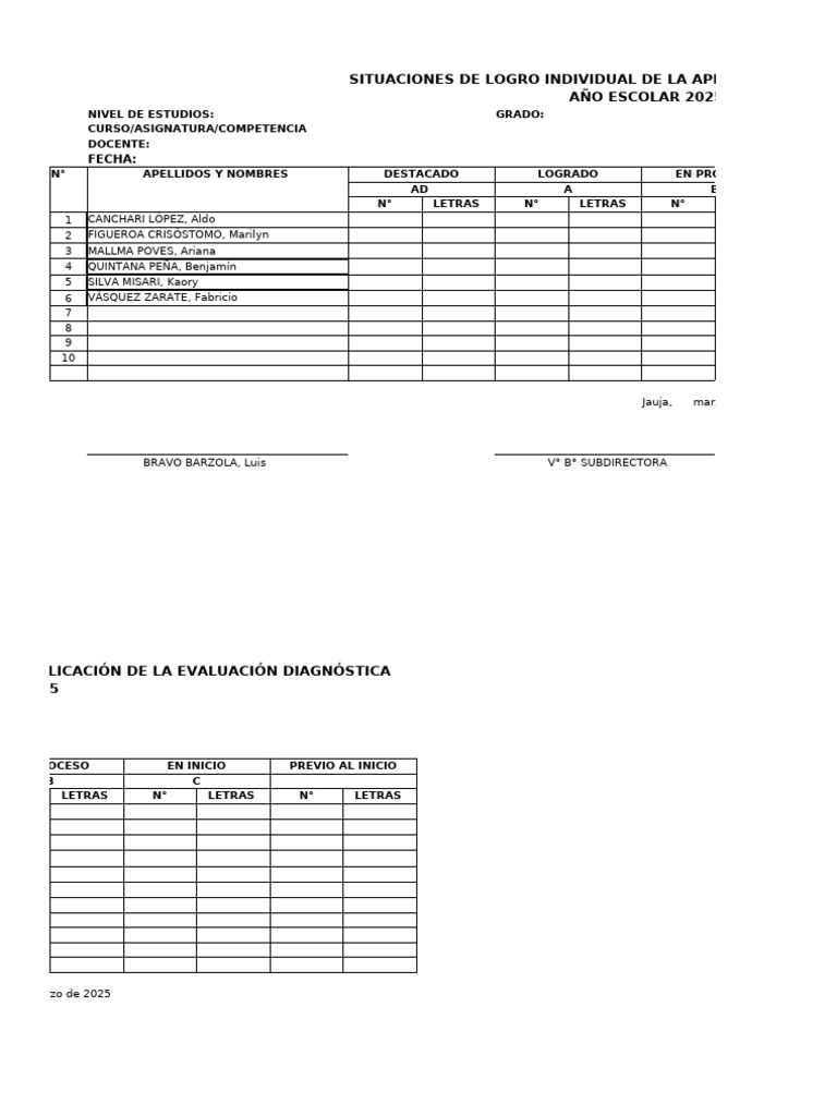 en Excel Individual Resultado de Logros de Eval. Diagnostica | PDF
