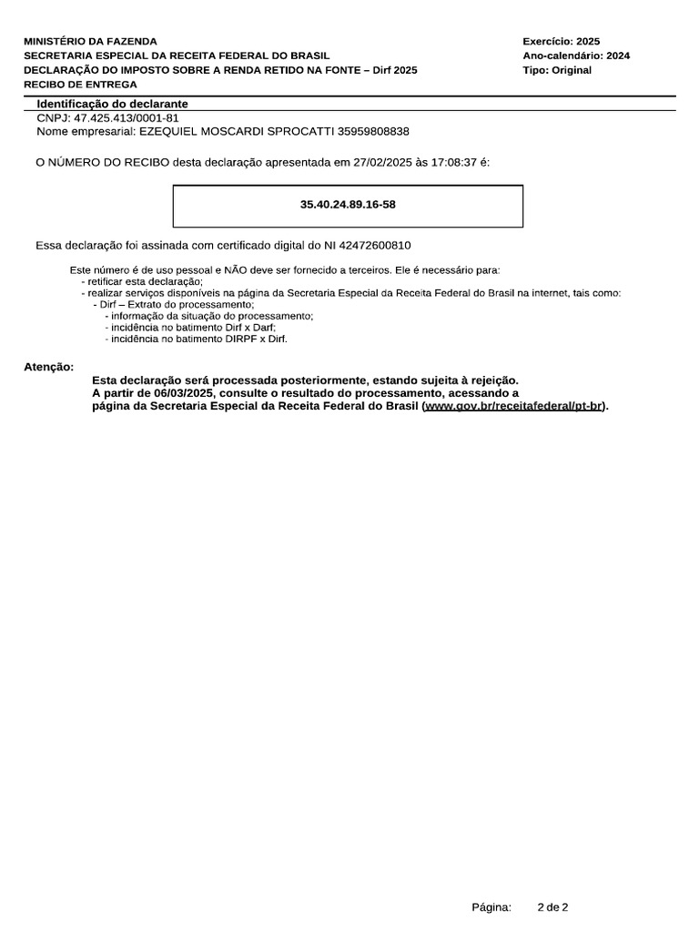 Recibo_ Dirf 2025 | PDF