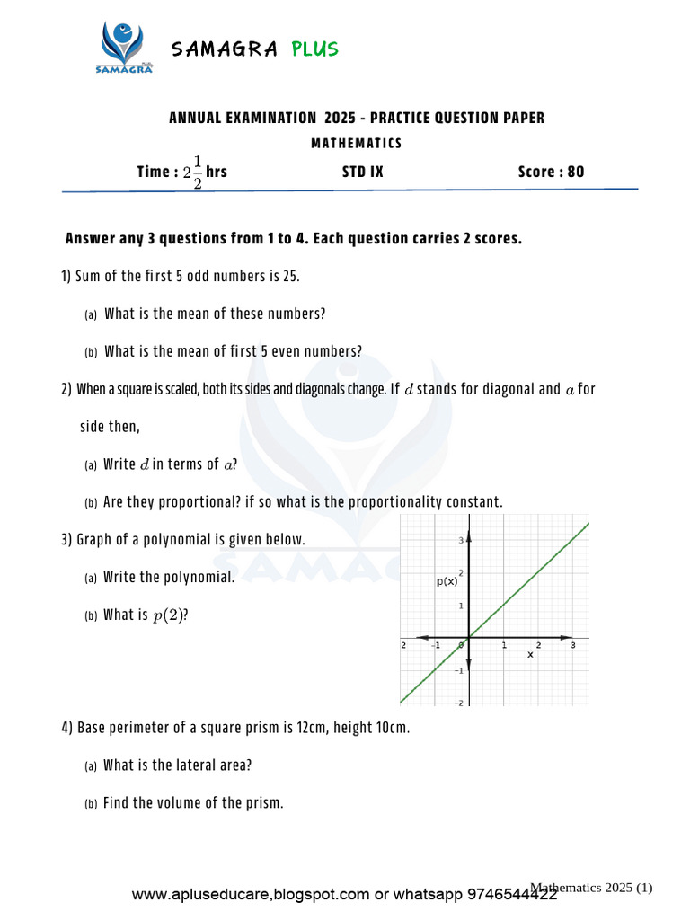 A+ Blog-Std-9-Annual Exam Question Paper and Answer Keys-Mathematics (Em) | PDF | Area | Circle