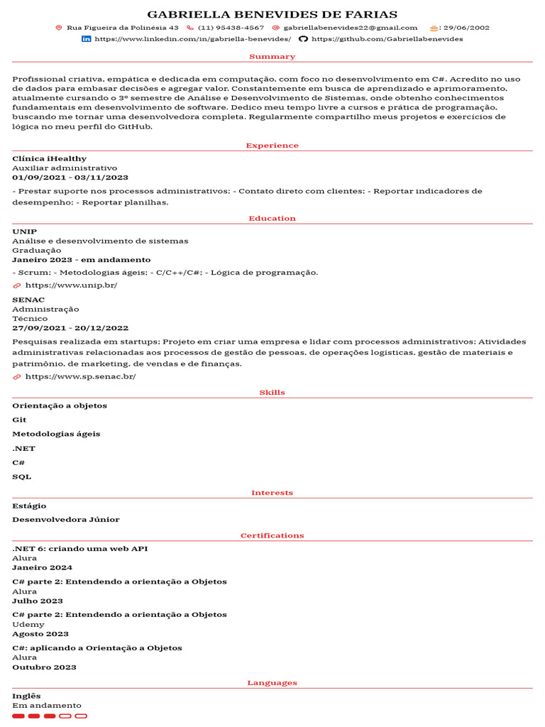 Gabriella Benevides: Desenvolvedora C# | PDF