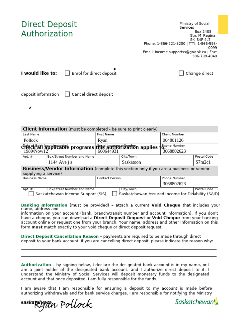 Saskatchewan Direct Deposit Authorization | PDF | Banks | Cheque