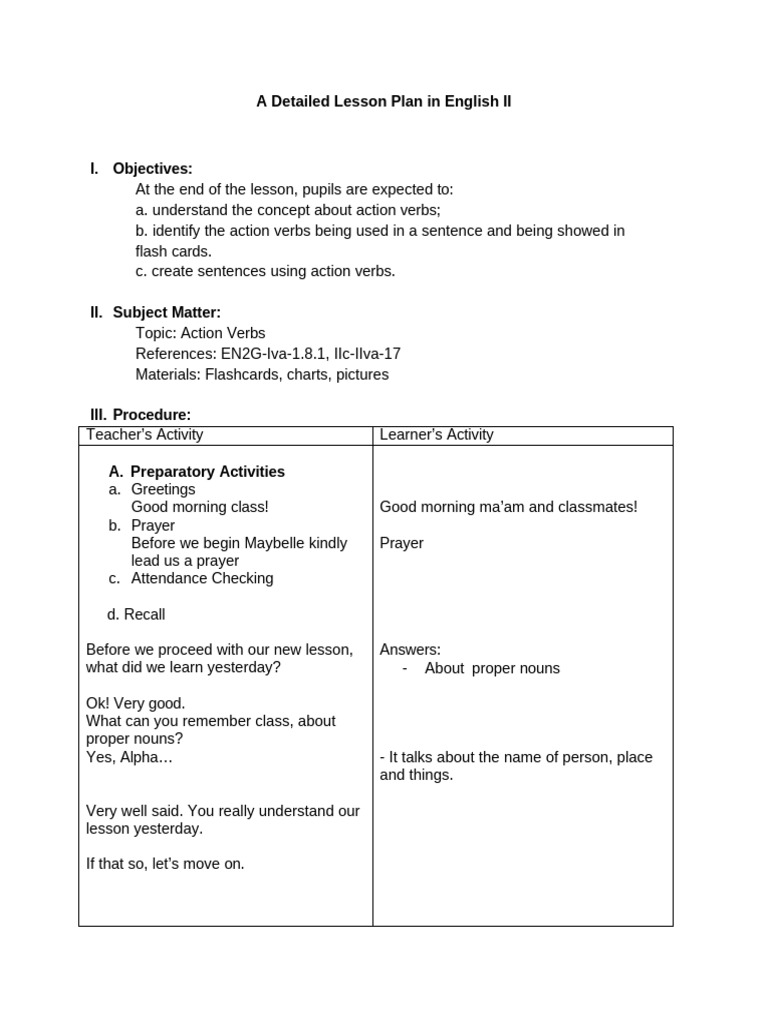 Action Verbs Lesson Plan for English II | PDF | Flashcard | Learning
