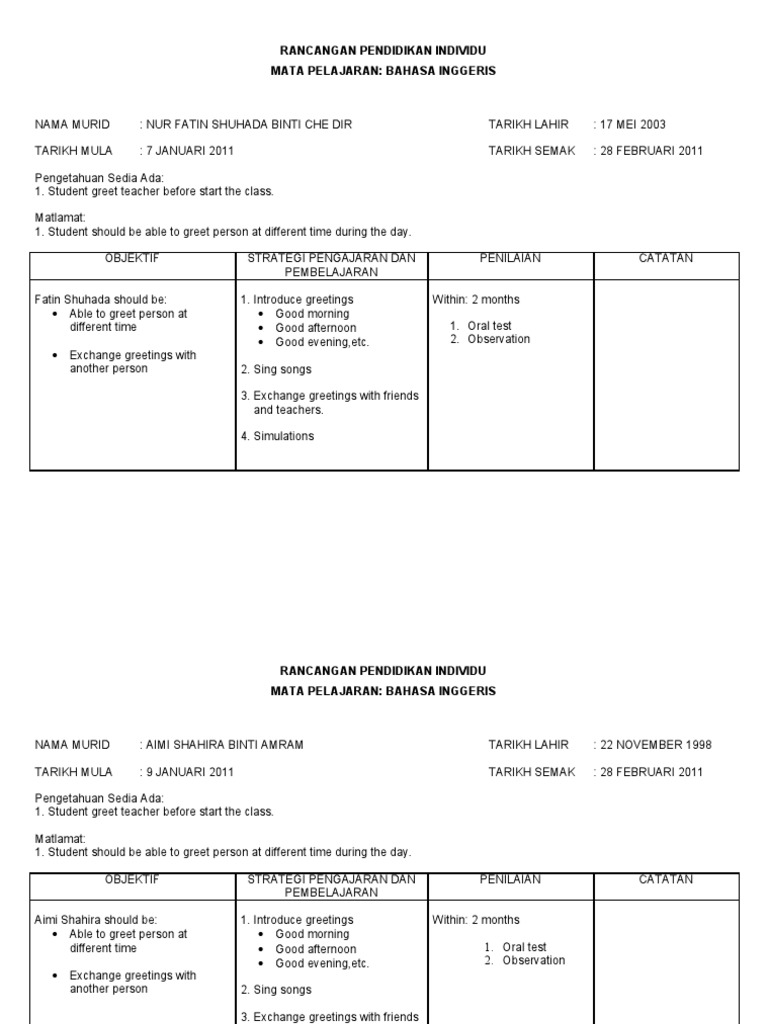 Rancangan Pendidikan Individu Mata Pelajaran: Bahasa Inggeris | PDF ...