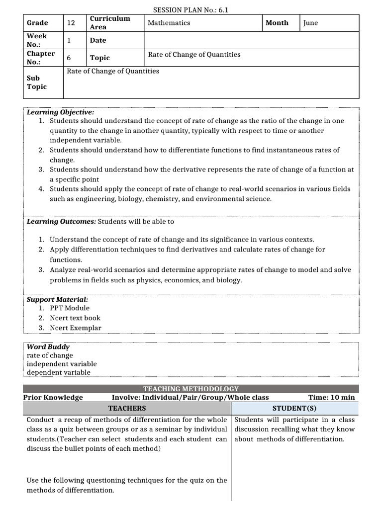 Session Plan 6.1 Rate of Change | PDF | Derivative | Function (Mathematics)