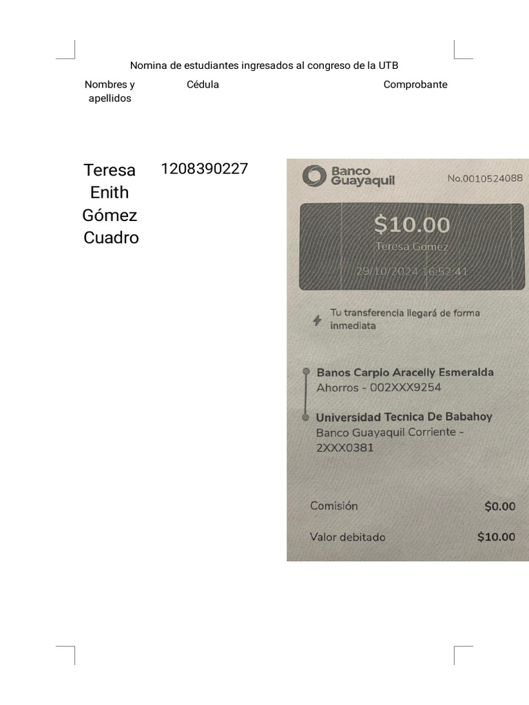 Nomina de Estudiantes Ingresados Al Congreso de La UTB | PDF