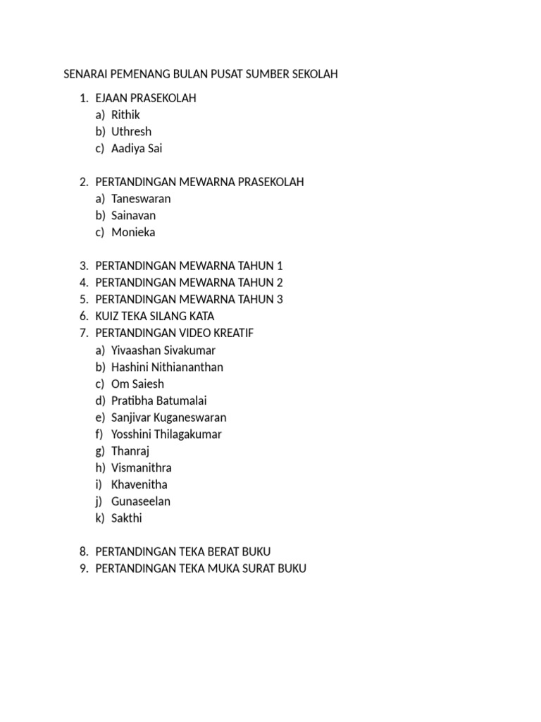Senarai Pemenang Bulan Pusat Sumber Sekolah | PDF