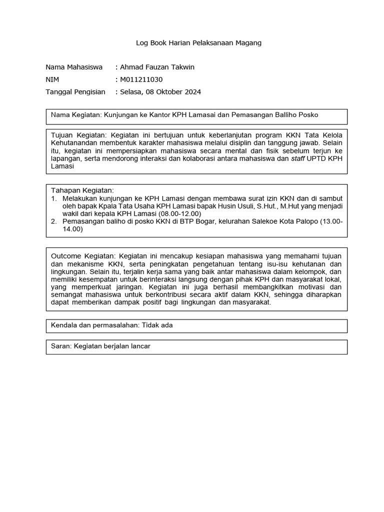 Log Book Magang KKN Kehutanan 2024 | PDF